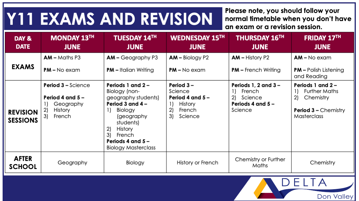 Year 11 Exam & Revision W/C 13th June - Don Valley Academy